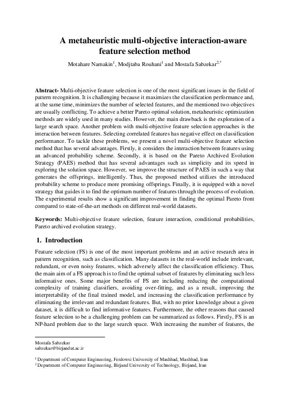 (PDF) A metaheuristic multi-objective interaction-aware feature selection method