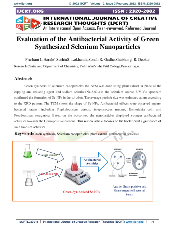 (PDF) Evaluation of the Antibacterial Activity of Green Synthesized Selenium Nanoparticles