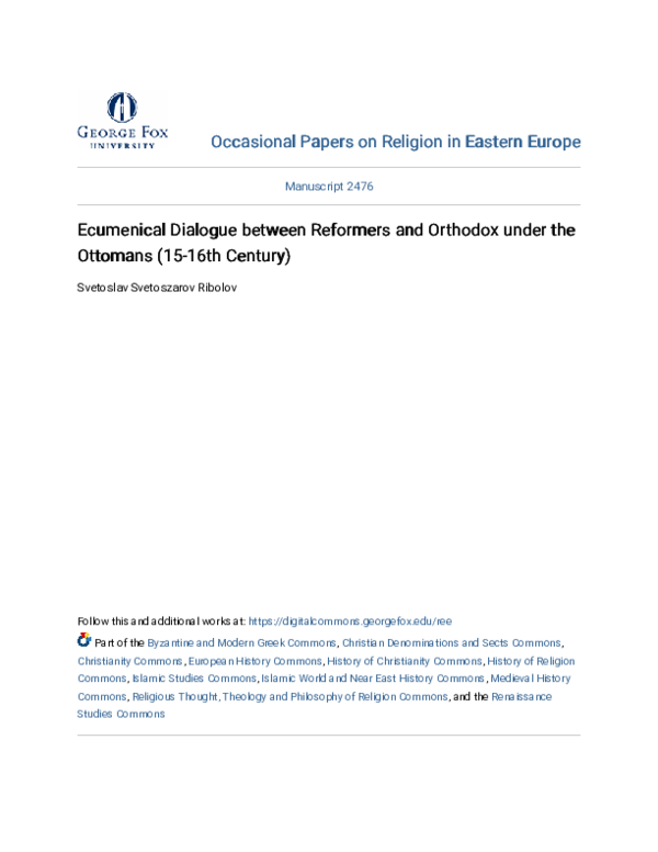 (PDF) Ecumenical Dialogue between Reformers and Orthodox under the ...