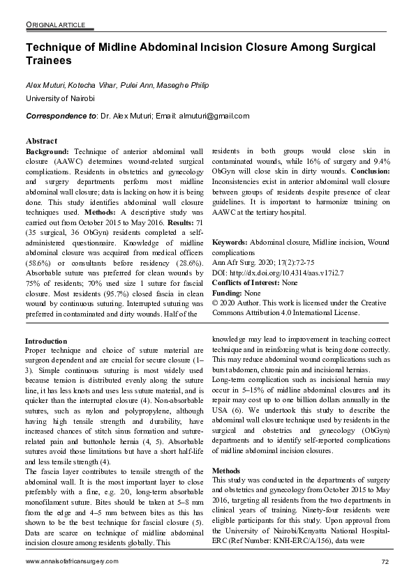 (PDF) Technique of Midline Abdominal Incision Closure Among Surgical ...