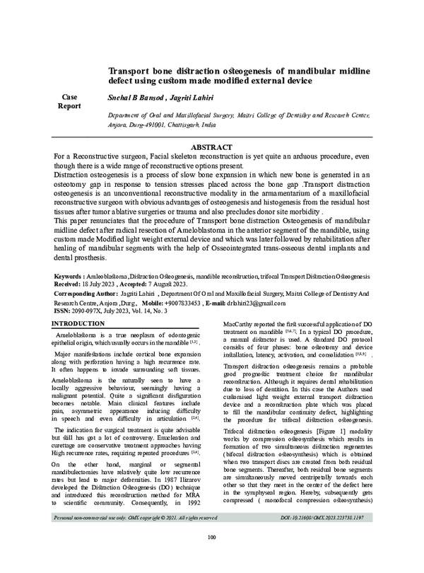 (PDF) Transport bone distraction osteogenesis of mandibular midline defect using custom made ...