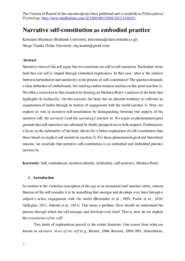 (PDF) Narrative self-constitution as embodied practice