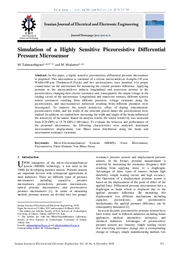 (PDF) Simulation of a Highly Sensitive Piezoresistive Differential ...