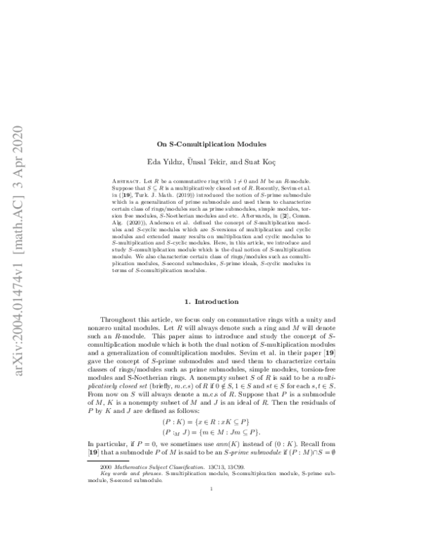 (PDF) On S-comultiplication modules | Eda Yıldız - Academia.edu