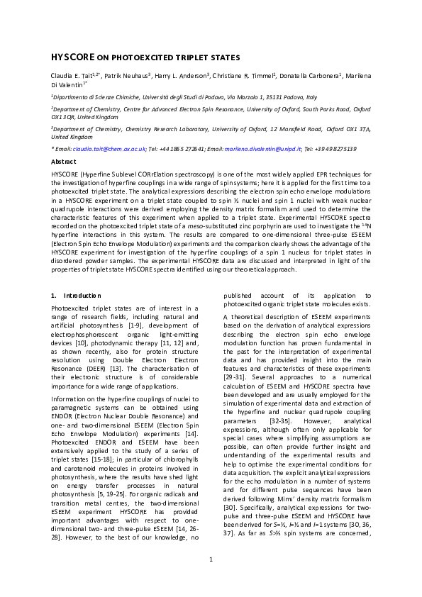 (PDF) HYSCORE on Photoexcited Triplet States