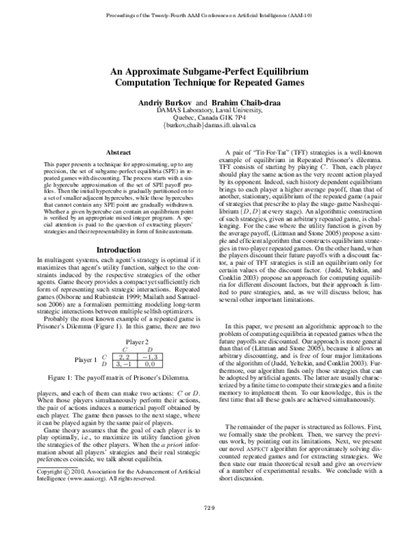 Pdf An Approximate Subgame Perfect Equilibrium Computation Technique For Repeated Games