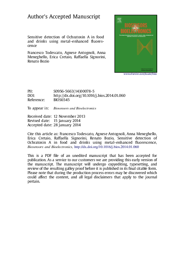 Pdf Sensitive Detection Of Ochratoxin A In Food And Drinks Using Metal Enhanced Fluorescence