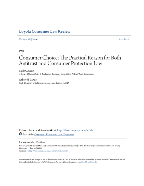 (PDF) Consumer Choice: The Practical Reason for Both Antitrust and ...