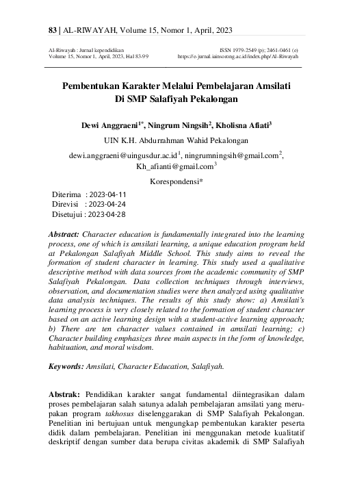 (PDF) Pembentukan Karakter Melalui Pembelajaran Amsilati Di SMP ...
