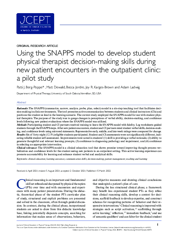 (PDF) Using the SNAPPS model to develop student physical therapist ...
