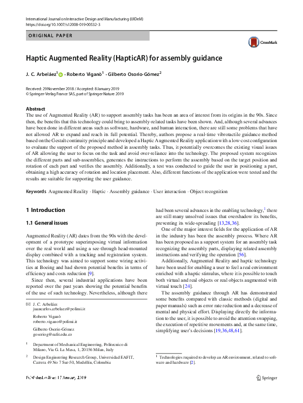 (PDF) Haptic Augmented Reality (HapticAR) for assembly guidance