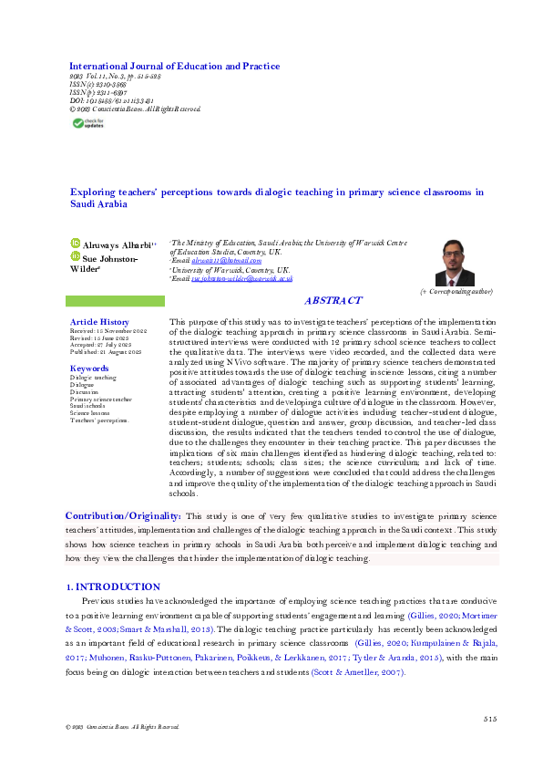 (PDF) Exploring teachers’ perceptions towards dialogic teaching in primary science classrooms in ...