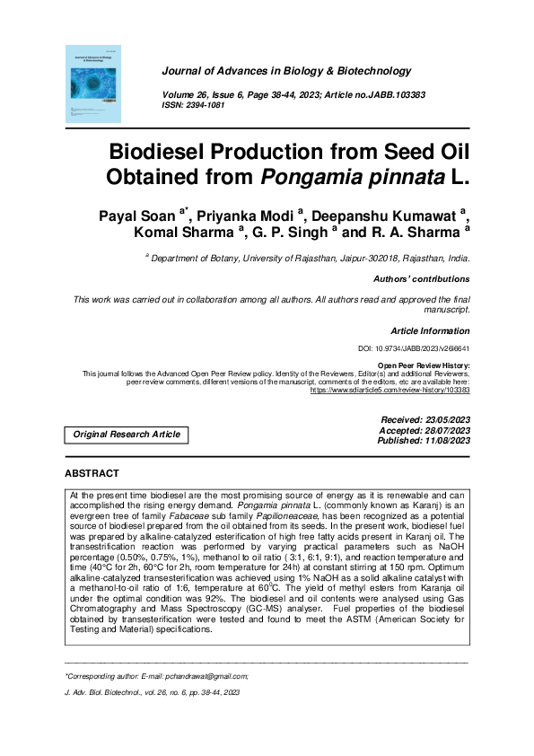 (PDF) Biodiesel Production from Seed Oil Obtained from Pongamia pinnata L