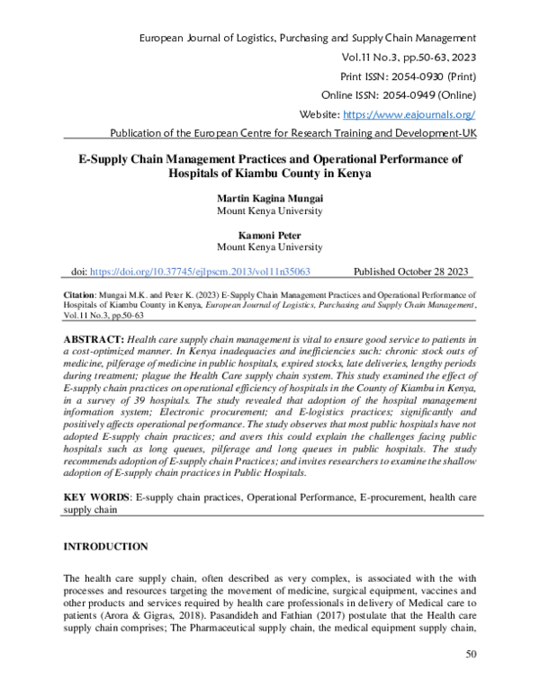 (PDF) E-Supply Chain Management Practices and Operational Performance of Hospitals of Kiambu ...