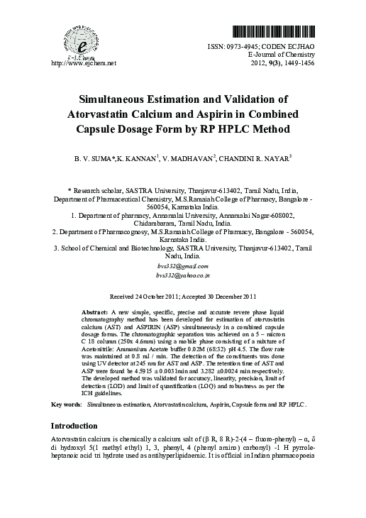 Pdf Simultaneous Estimation And Validation Of Atorvastatin Calcium And Aspirin In Combined