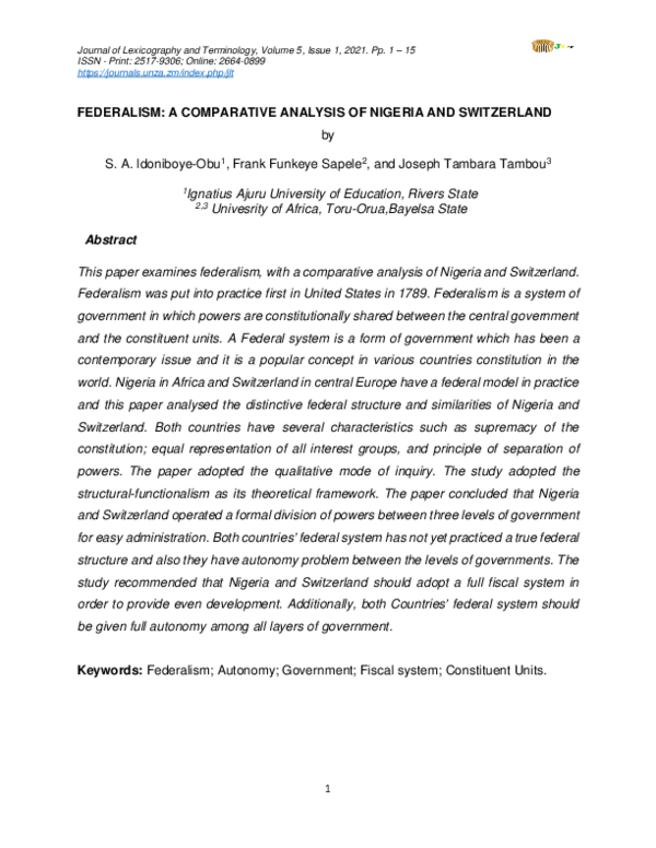 (PDF) Federalism: A Comparative Analysis of Nigeria and Switzerland