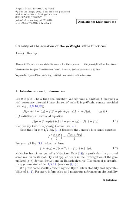 (PDF) Stability of the equation of the p-Wright affine functions