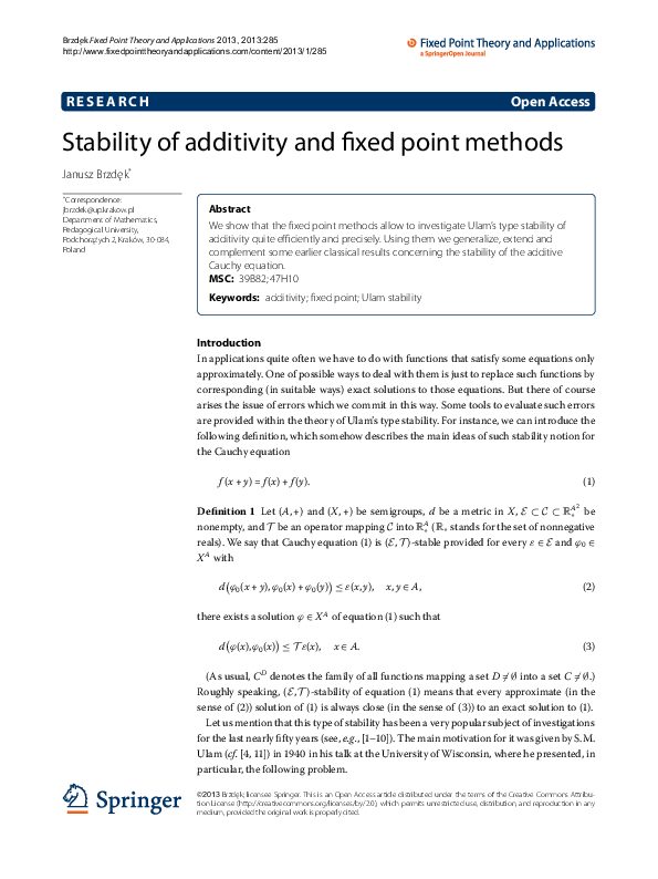 (PDF) Stability of additivity and fixed point methods