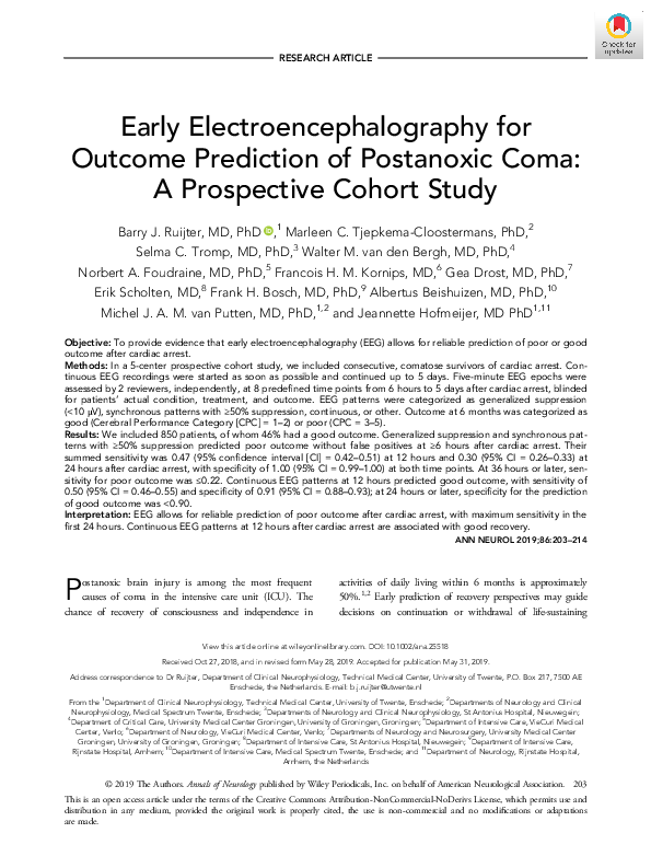 (PDF) Early electroencephalography for outcome prediction of postanoxic ...