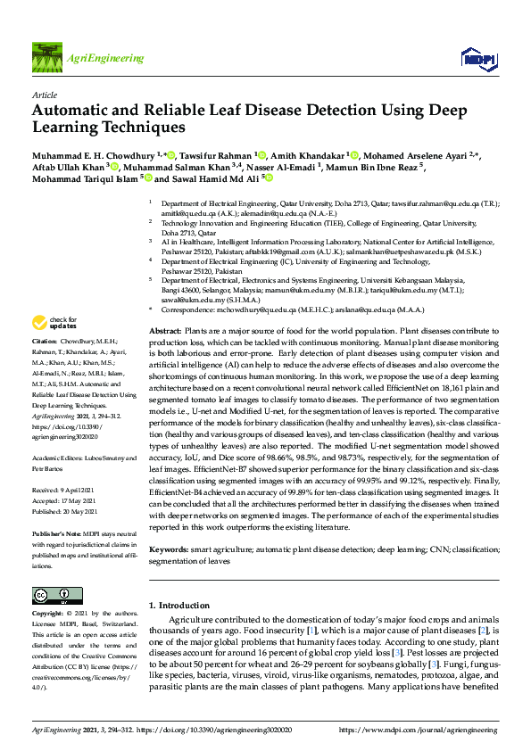Automatic And Reliable Leaf Disease Detection Using Deep Learning Techniques