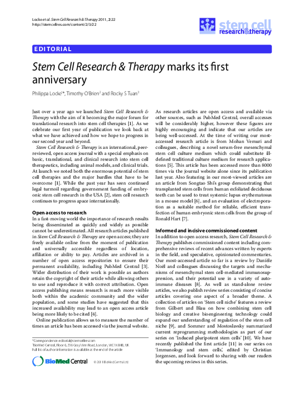 (PDF) Stem Cell Research & Therapy marks its first anniversary