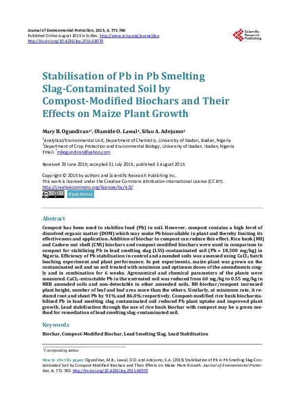 (PDF) Stabilisation of Pb in Pb Smelting Slag-Contaminated Soil by Compost-Modified Biochars and ...