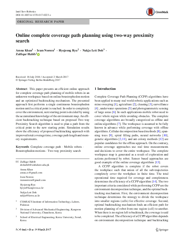 (PDF) Online complete coverage path planning using two-way proximity search