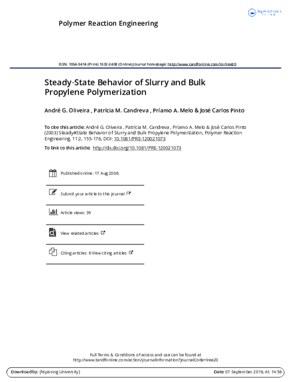 (PDF) Steady‐State Behavior of Slurry and Bulk Propylene Polymerization