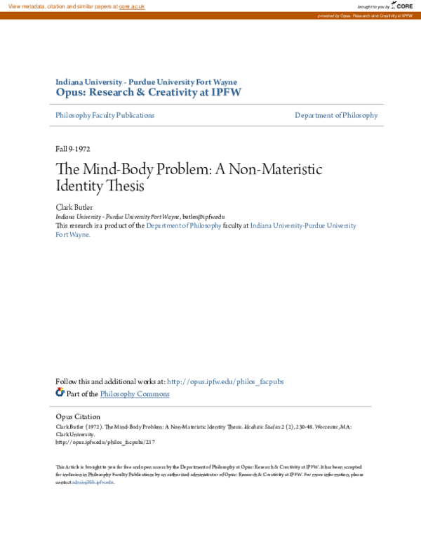(PDF) The Mind-Body Problem: A Non-Materistic Identity Thesis