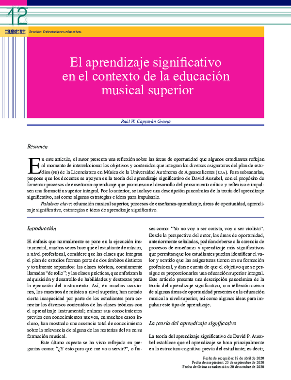 (PDF) El aprendizaje significativo en el contexto de la educación musical superior