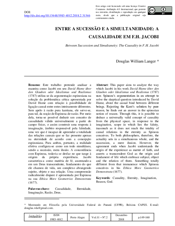 (PDF) Entre a Sucessão e a Simultaneidade: A Causalidade em F.H Jacobi