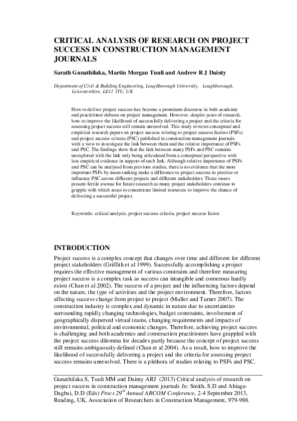 (PDF) Critical Analysis of Research on Project Success in Construction ...