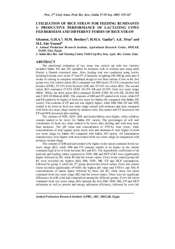 (PDF) UTILIZATION OF RICE STRAW FOR FEEDING RUMINANTS 1-PRODUCTIVE ...