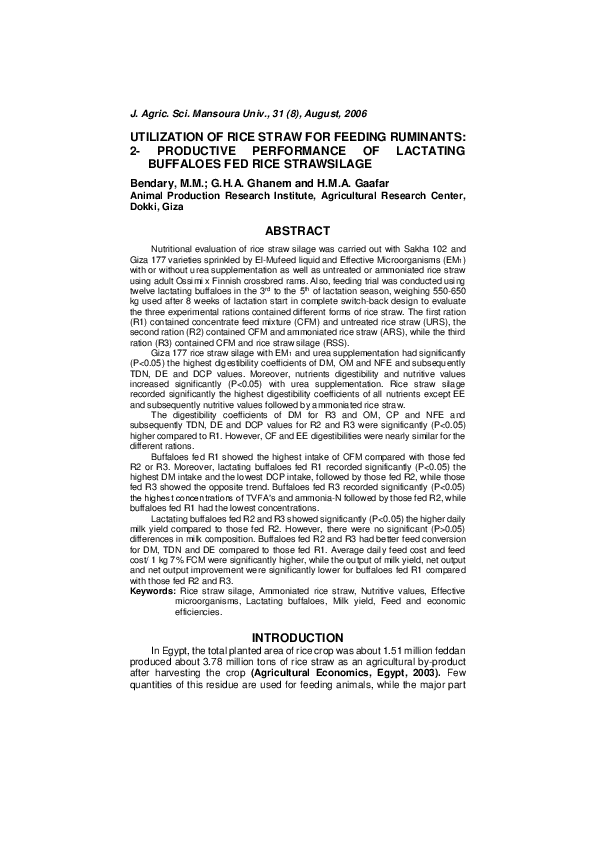 (PDF) UTILIZATION OF RICE STRAW FOR FEEDING RUMINANTS: 2-PRODUCTIVE ...