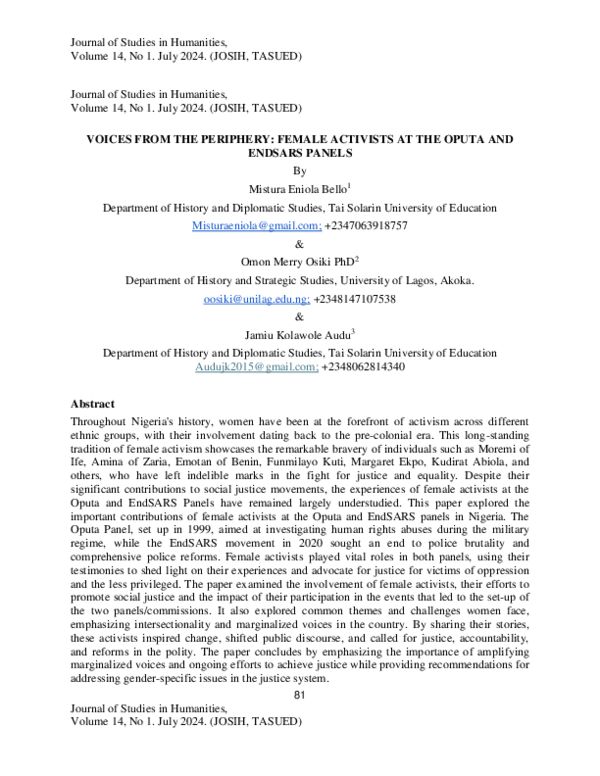 (PDF) VOICES FROM THE PERIPHERY: FEMALE ACTIVISTS AT THE OPUTA AND ...