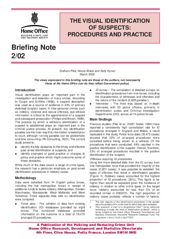 (PDF) The Visual Identification of Suspects: Procedures and Practice