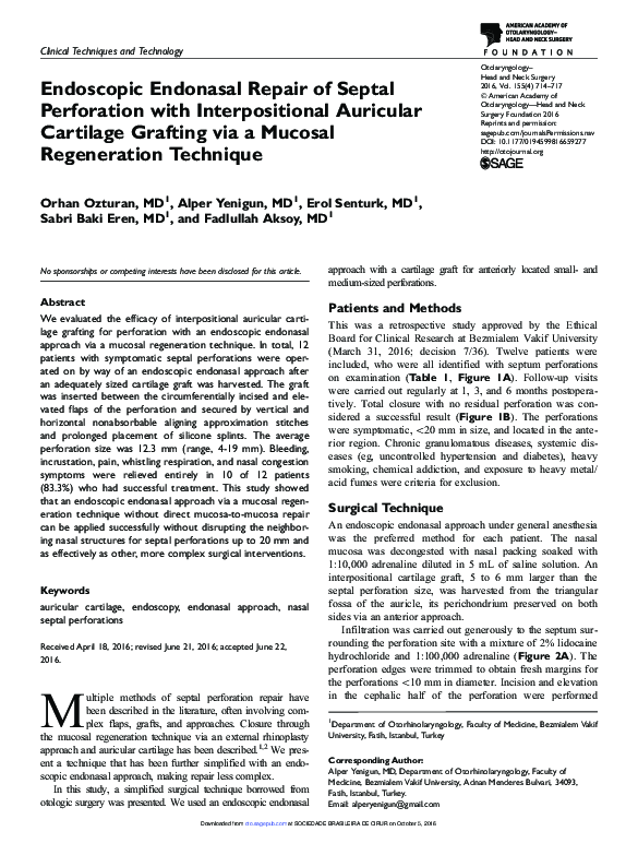 (PDF) Endoscopic Endonasal Repair of Septal Perforation with ...