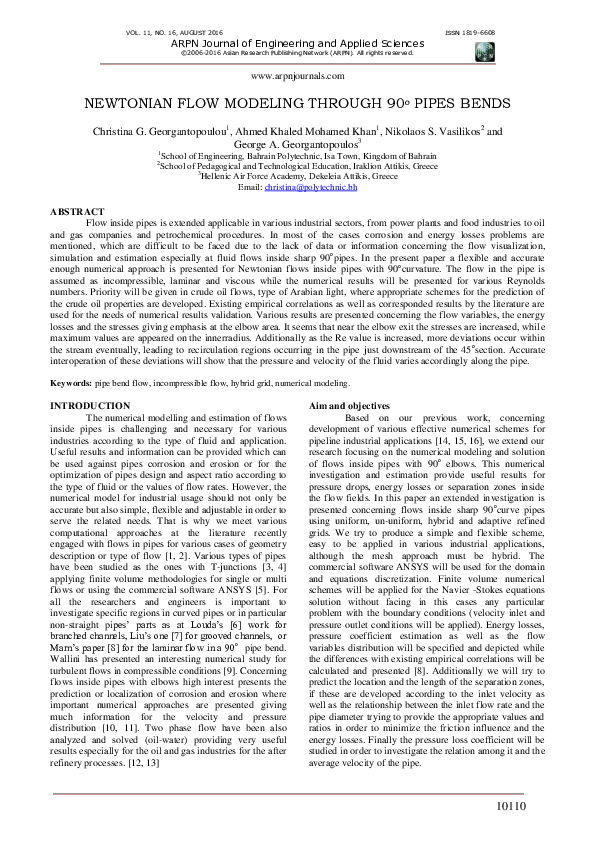 (PDF) Newtonian Flow Modeling Through 90 Ο Pipes Bends