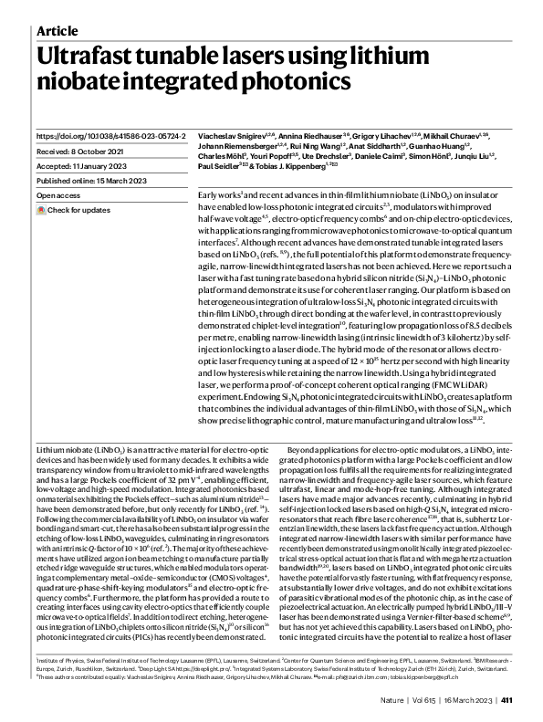 (PDF) Ultrafast tunable lasers using lithium niobate integrated photonics