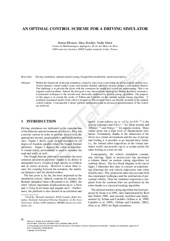 (PDF) An Optimal Control Scheme for a Driving Simulator