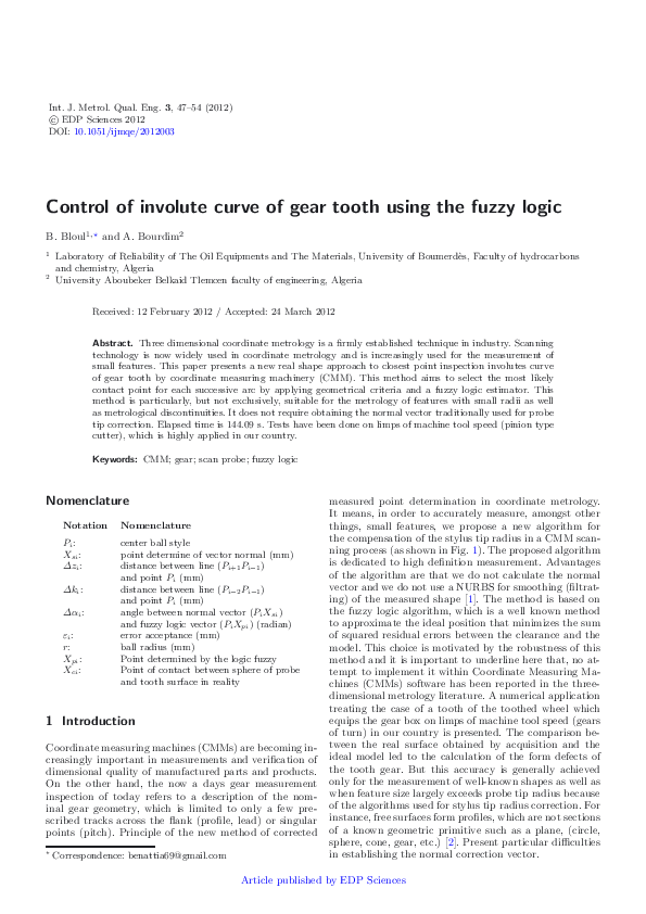 (PDF) Control of involute curve of gear tooth using the fuzzy logic | Benattia BLOUL - Academia.edu