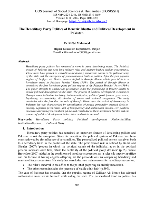 (PDF) The Hereditary Party Politics of Benazir Bhutto and Political ...