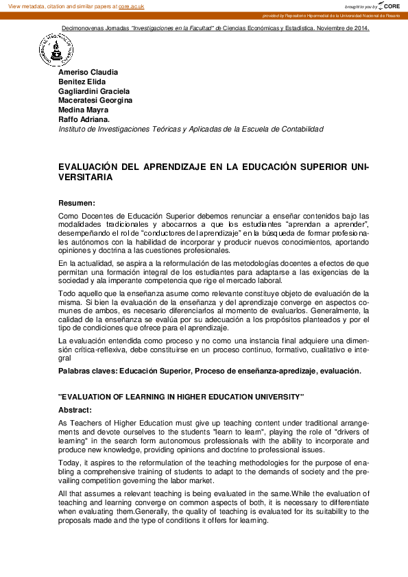 (PDF) Evaluación del aprendizaje en la educación superior universitaria