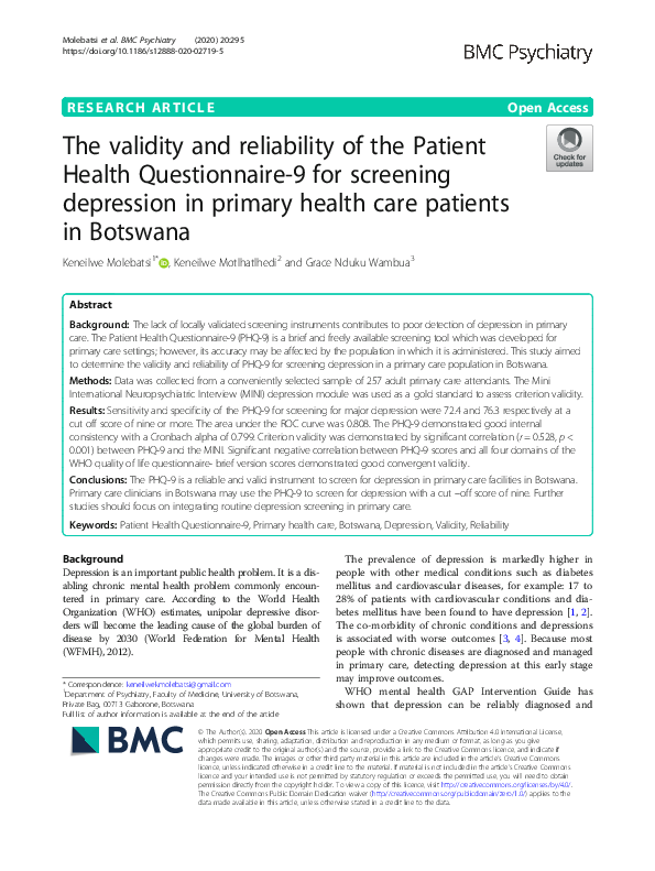 (PDF) Validity and reliability of Patient Health Questionnaire-9 and ...