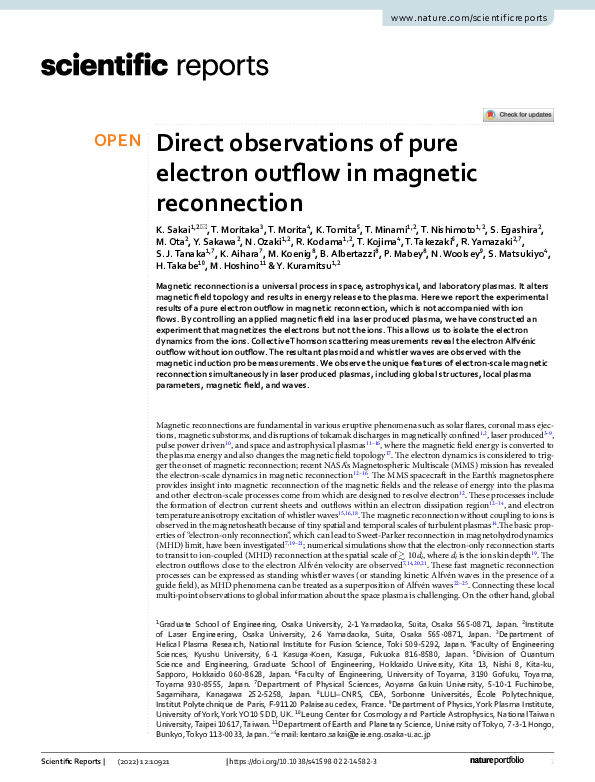 (PDF) Direct observations of pure electron outflow in magnetic reconnection
