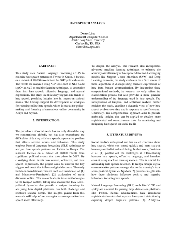 (PDF) HATE SPEECH ANALYSIS