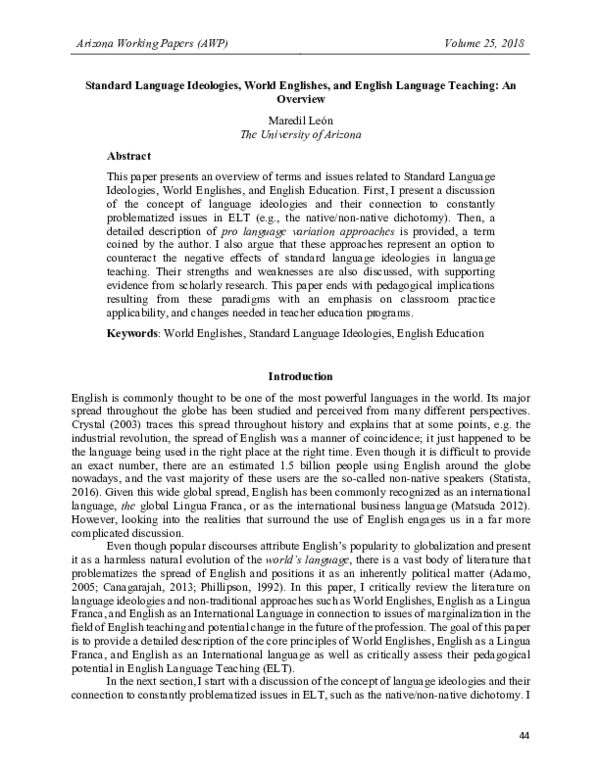 (PDF) Standard Language Ideologies, World Englishes, and English Language Teaching: An Overview