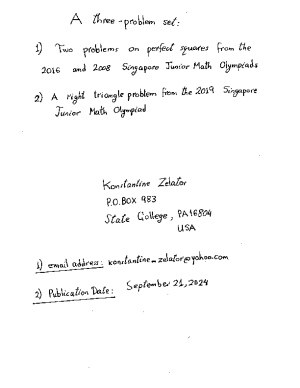 (PDF) A three - problem set: 1) Two problems on perfect squares from ...