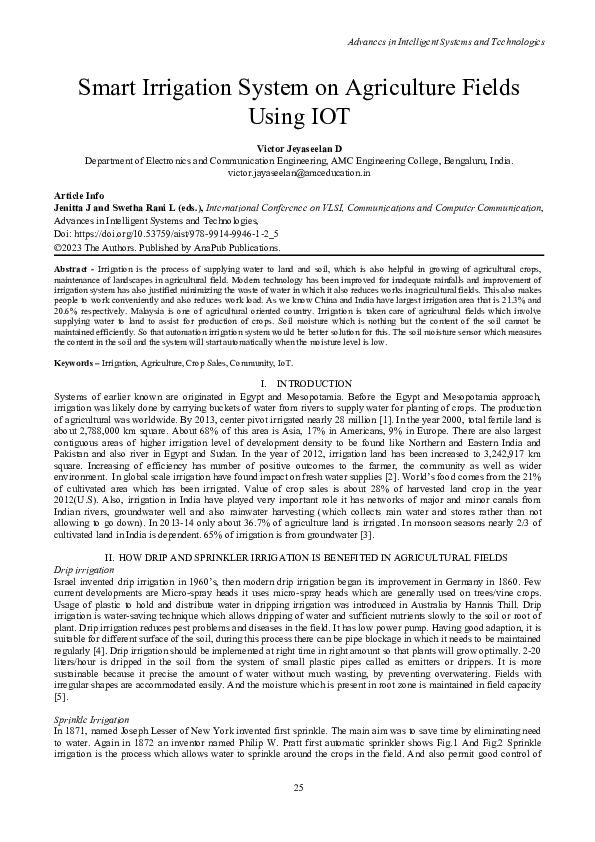 (PDF) Smart Irrigation system on Agriculture Fields Using IOT