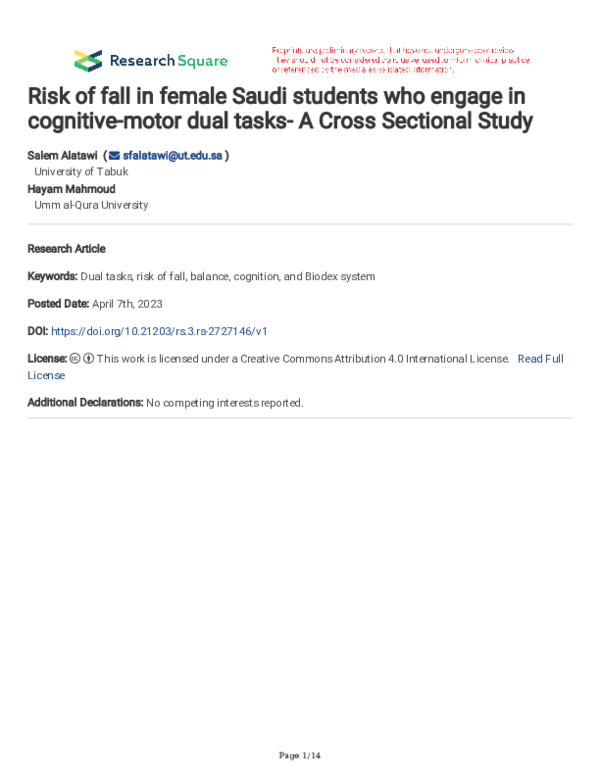 (PDF) Risk of fall in female Saudi students who engage in cognitive-motor dual tasks- A Cross ...